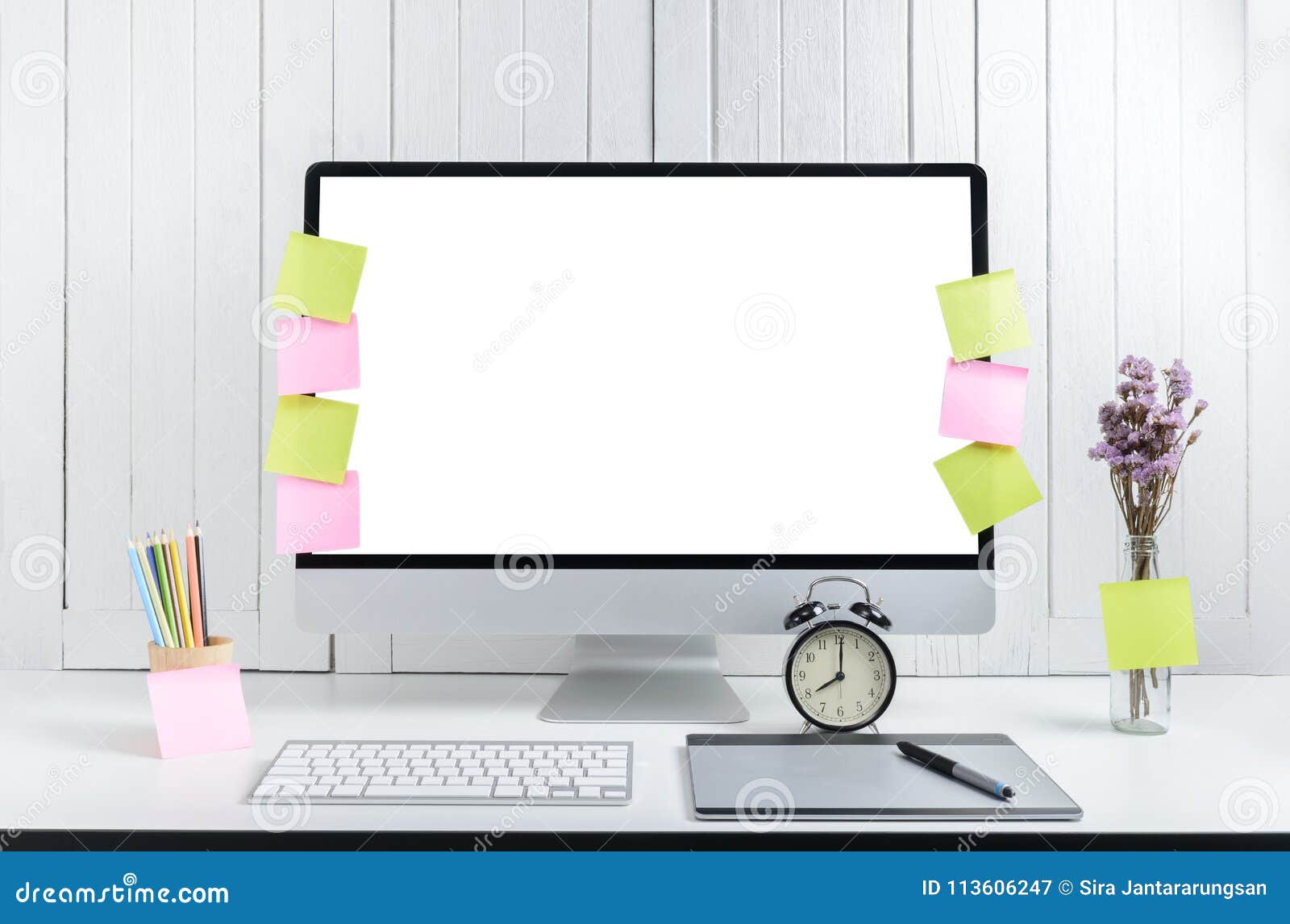 Workplace Background for Designers with Blank White Screen Modern ...
