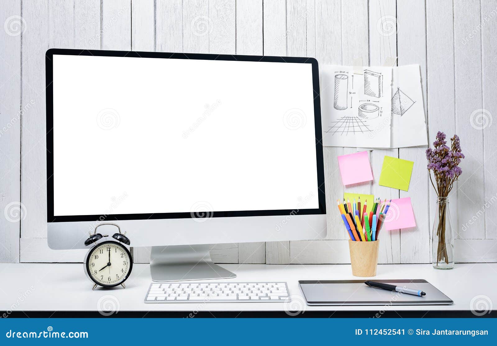Workplace Background for Designers with Blank White Screen Moder Stock ...