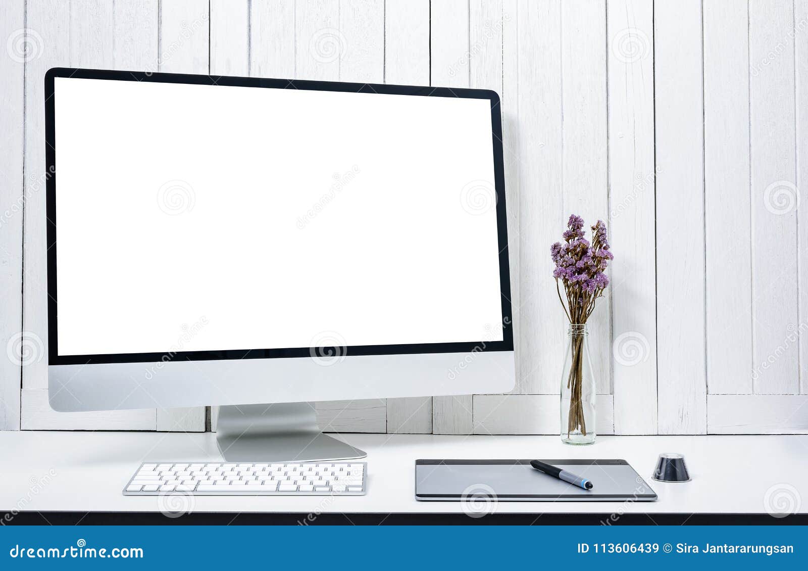 Workplace Background for Designers with Blank White Screen Modern ...