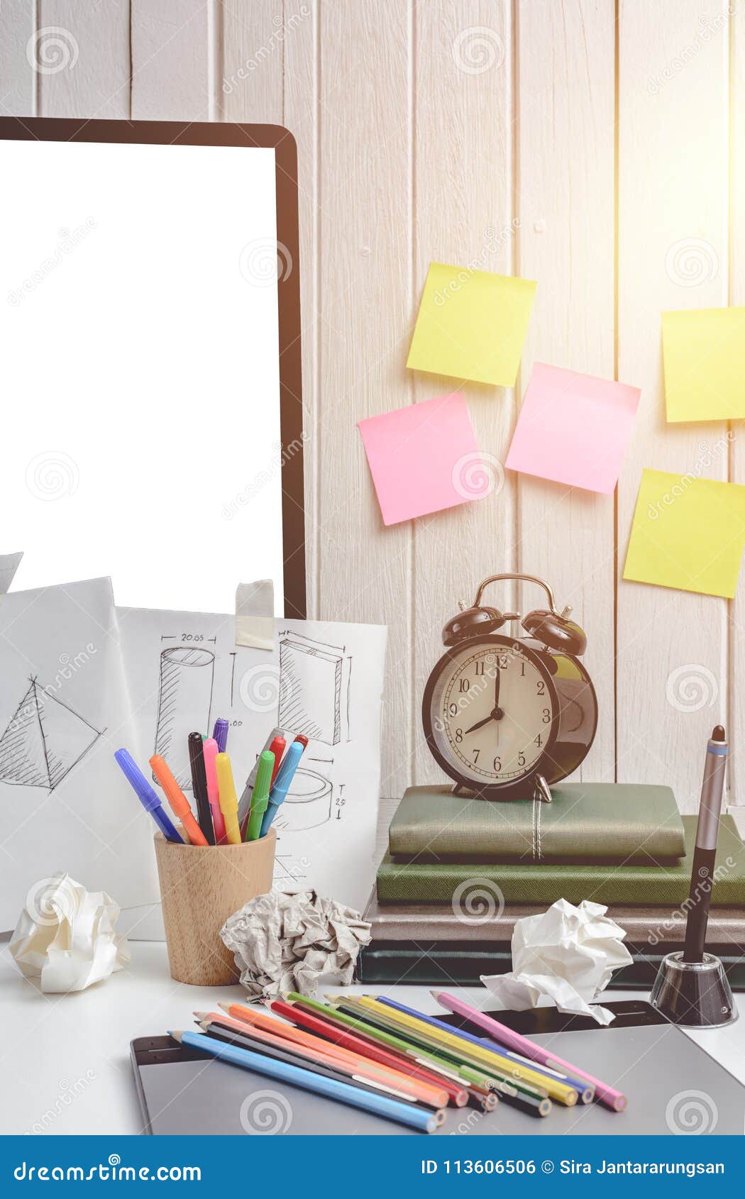 Workplace Background for Designers with Blank White Screen Modern ...