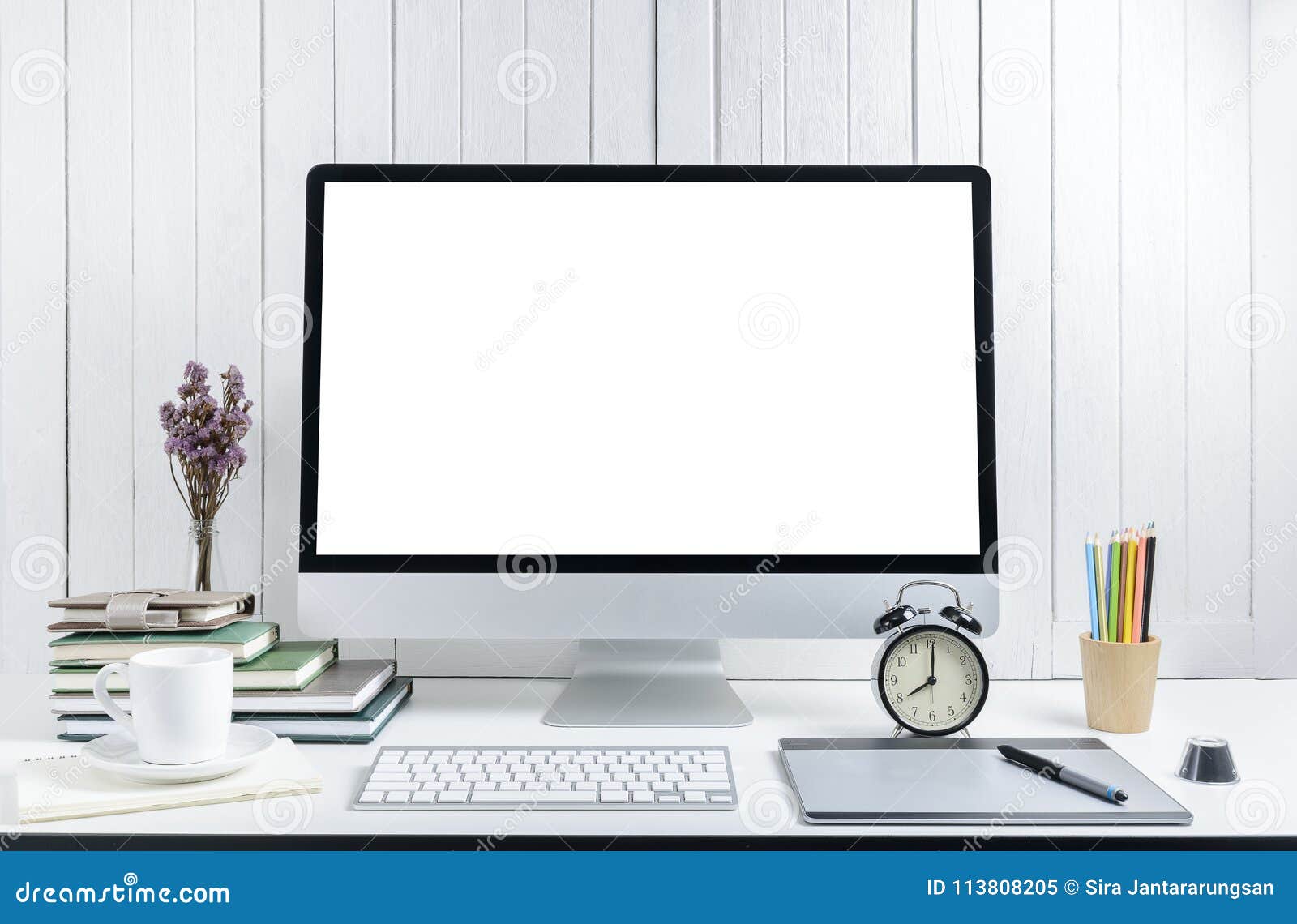 Workplace Background for Designers with Blank White Screen Modern ...
