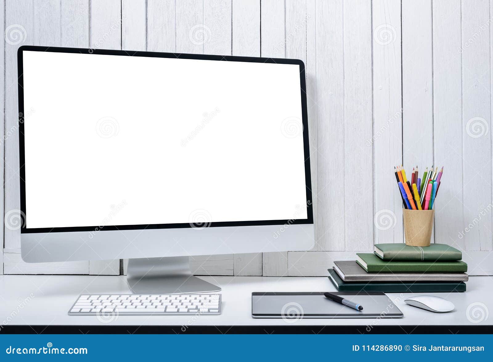 Workplace Background for Designers with Blank White Screen Modern ...