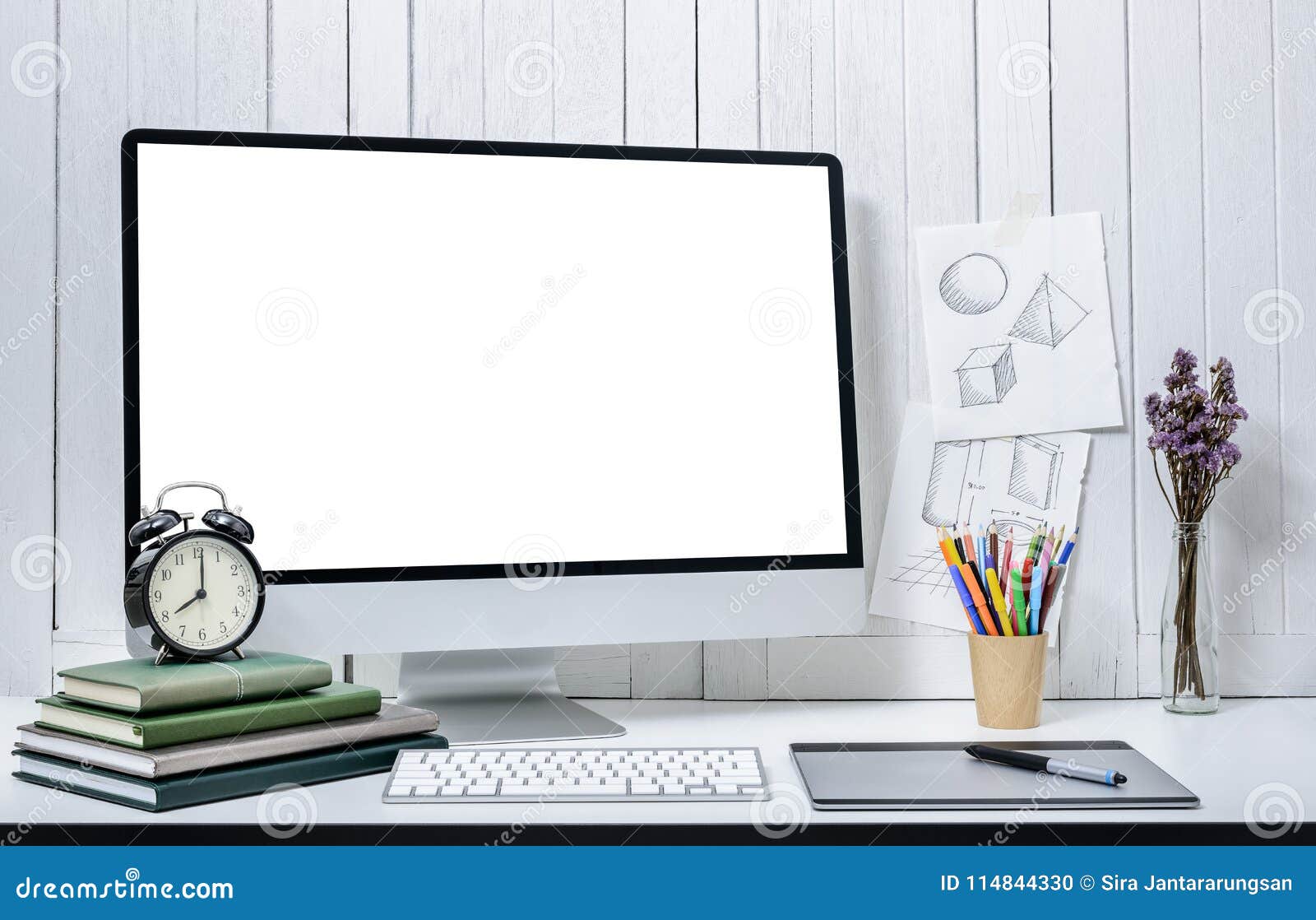 Workplace Background for Designers with Blank White Screen Modern ...