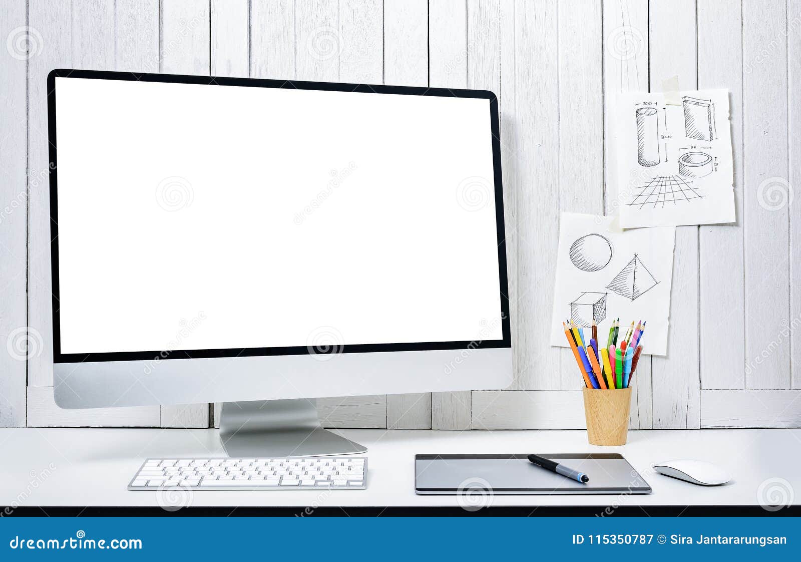 Workplace Background for Designers with Blank White Screen Modern ...