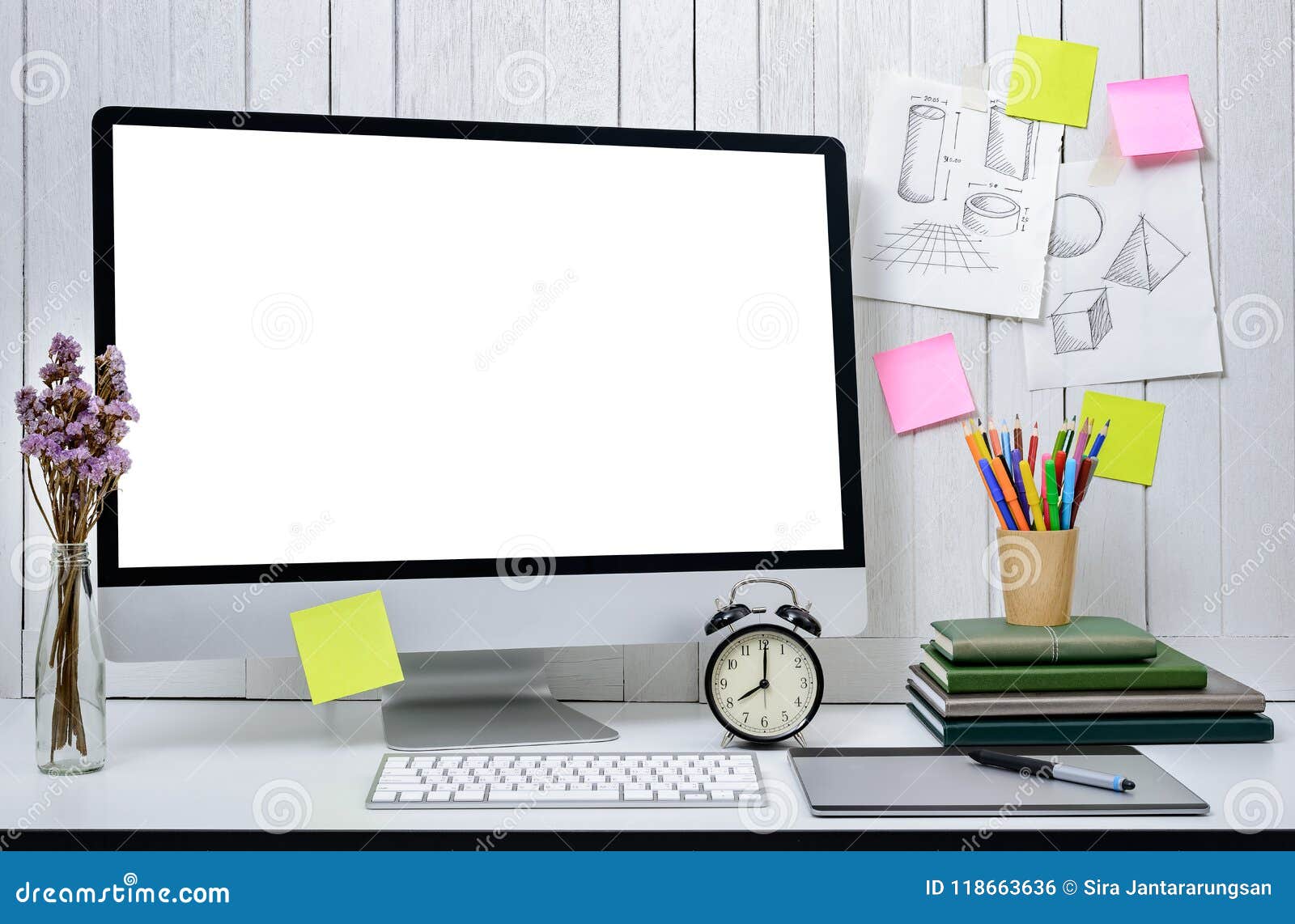 Workplace Background for Designers with Blank White Screen Modern ...