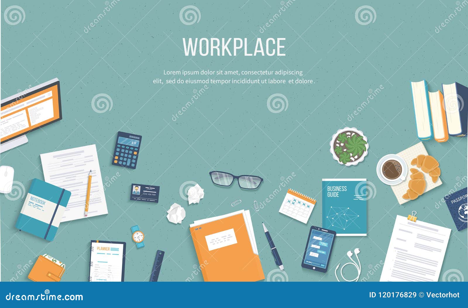 Workplace Background. Top View of a Table with Monitor, Books ...