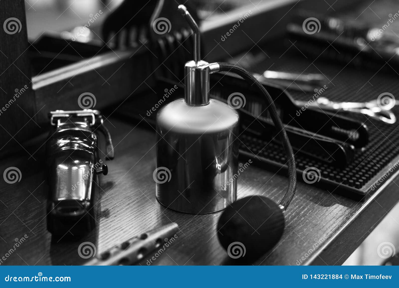 The Workplace Of The Barber. Tools For A Hairstyle. Black And White ...