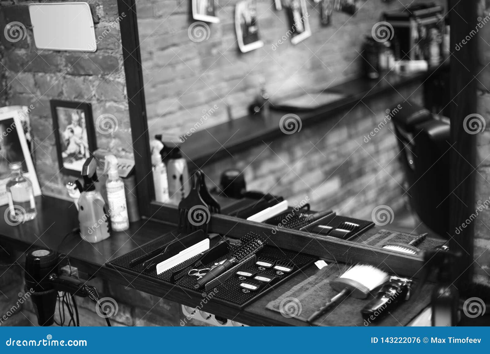 The Workplace Of The Barber. Tools For A Hairstyle. Black And White ...