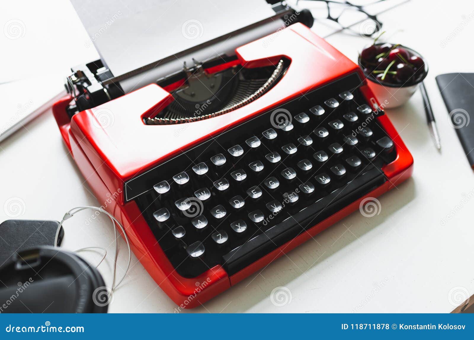 Workplace with Bright Red Vintage Typewriter Stock Photo - Image of ...
