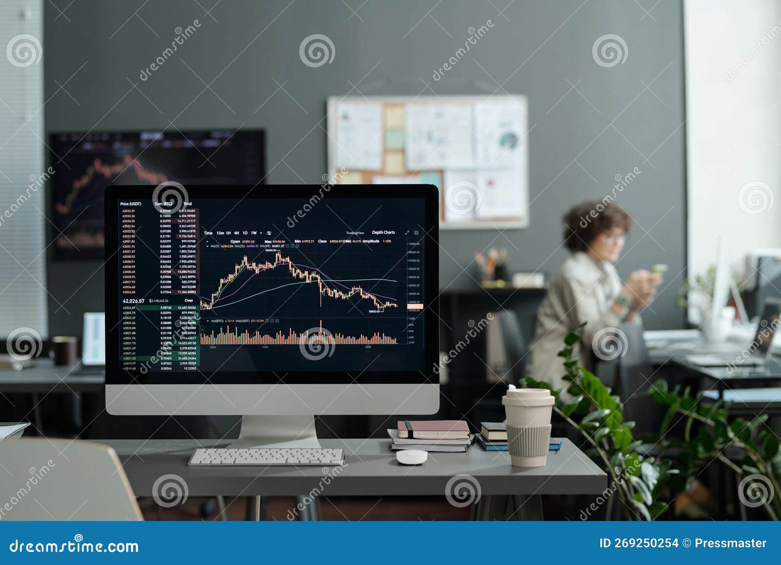 Workplace of Broker or Trader with Desktop Computer Stock Photo - Image ...