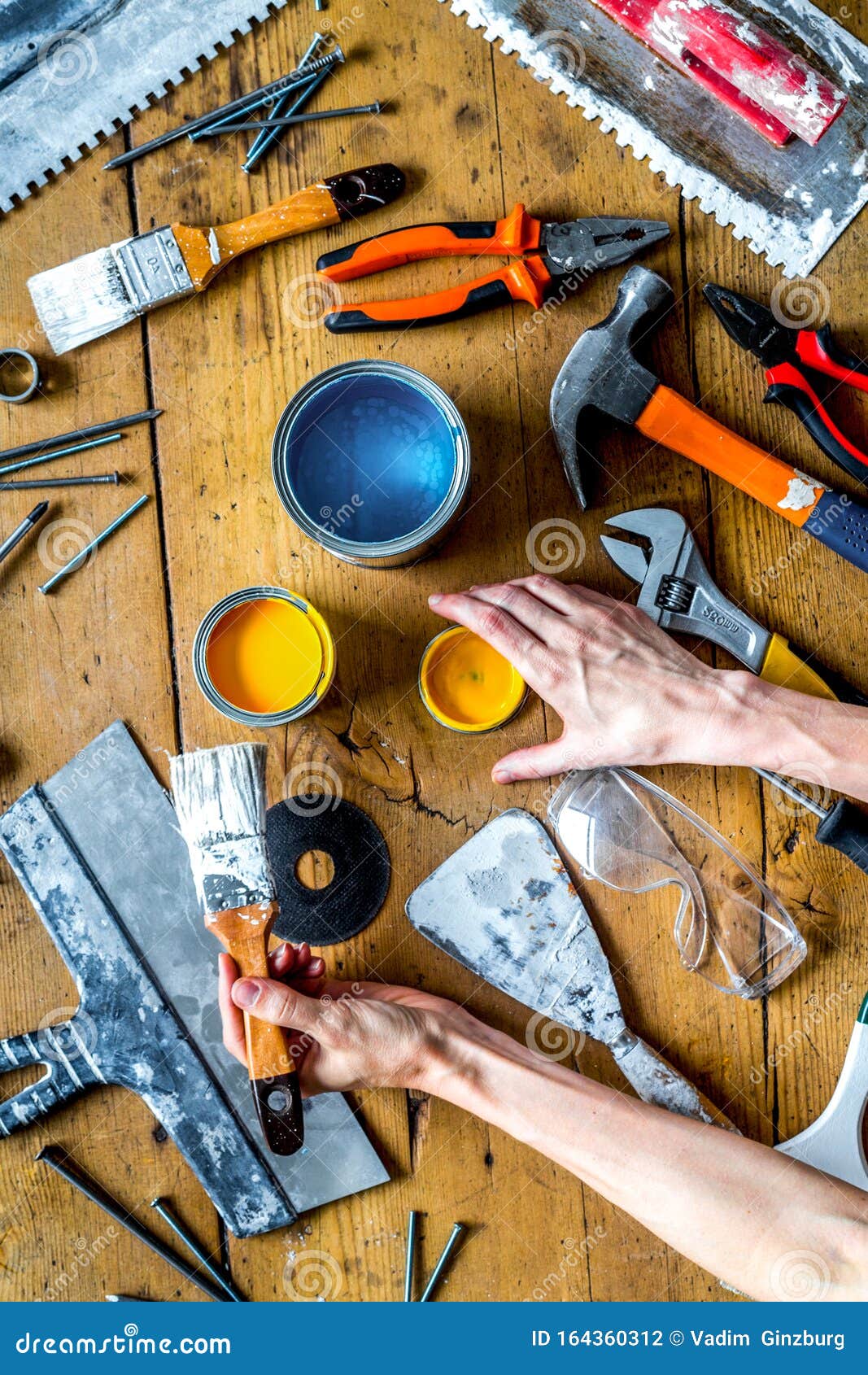 Workplace of Builder with Instruments and Paint on Wooden Background ...