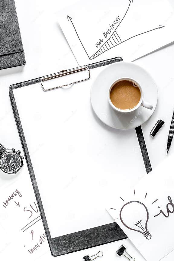 Workplace with Business Plan on White Background Top View Space for ...