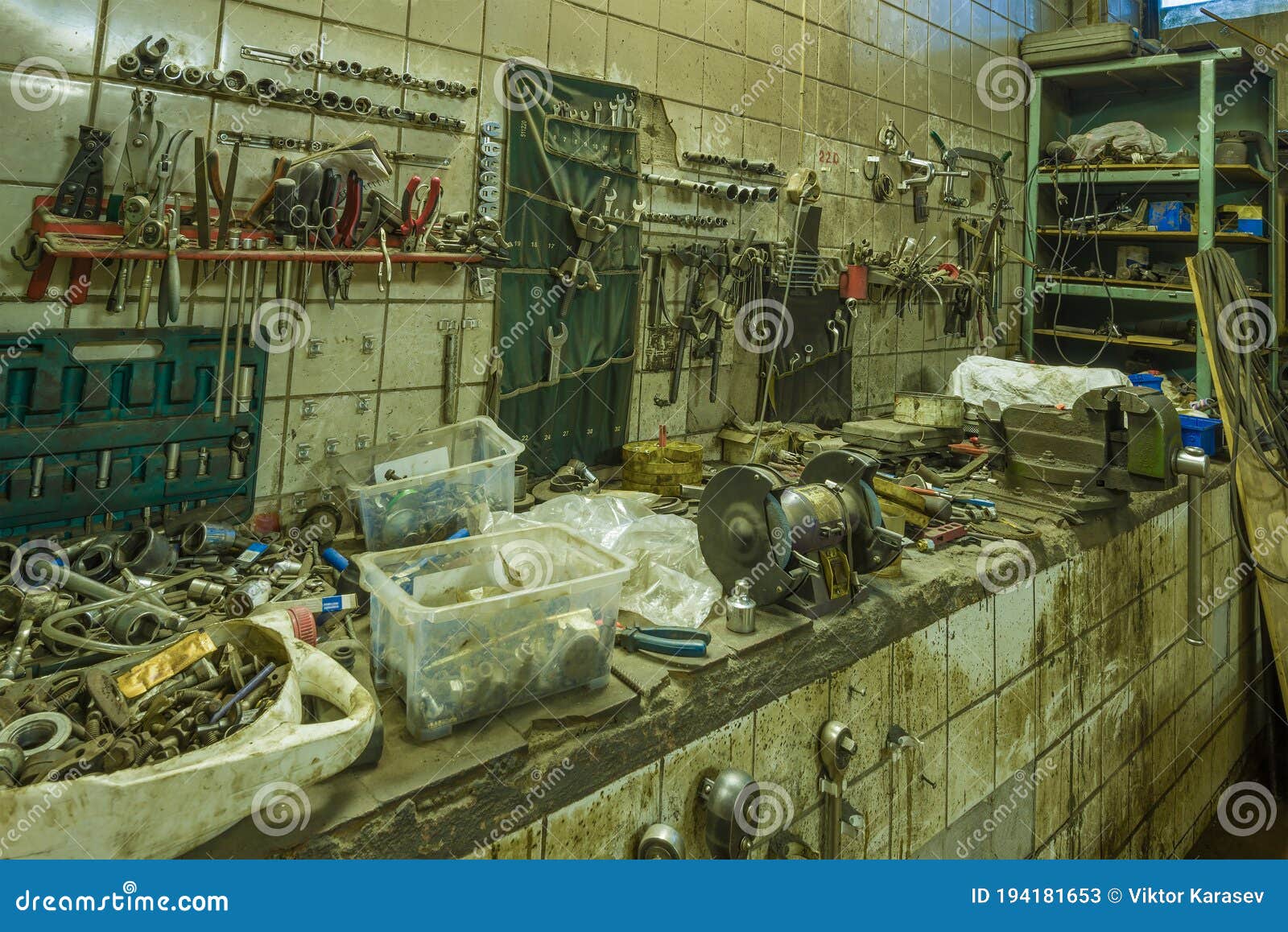 Workplace of a Car Mechanic, Old Car Service Stock Image - Image of ...