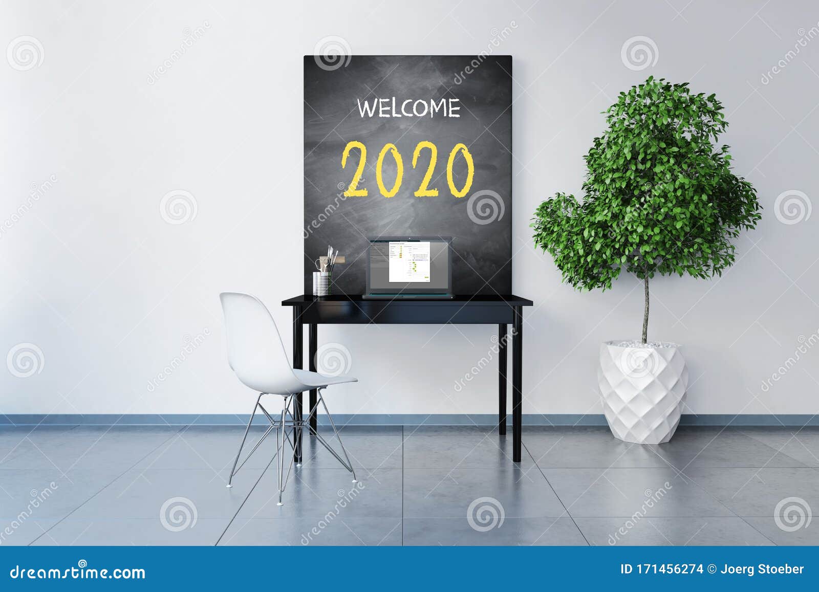 Workplace and Chalkboard with Message WELCOME 2020 Stock Illustration ...