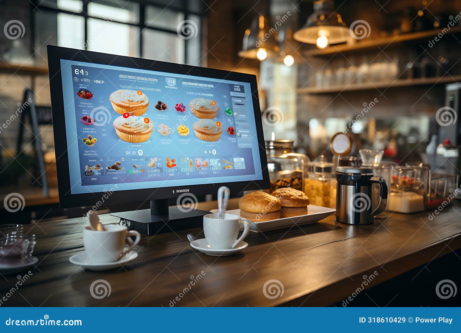 Workplace of a Coffee Shop with a Laptop, a Cup of Coffee and Cookies ...