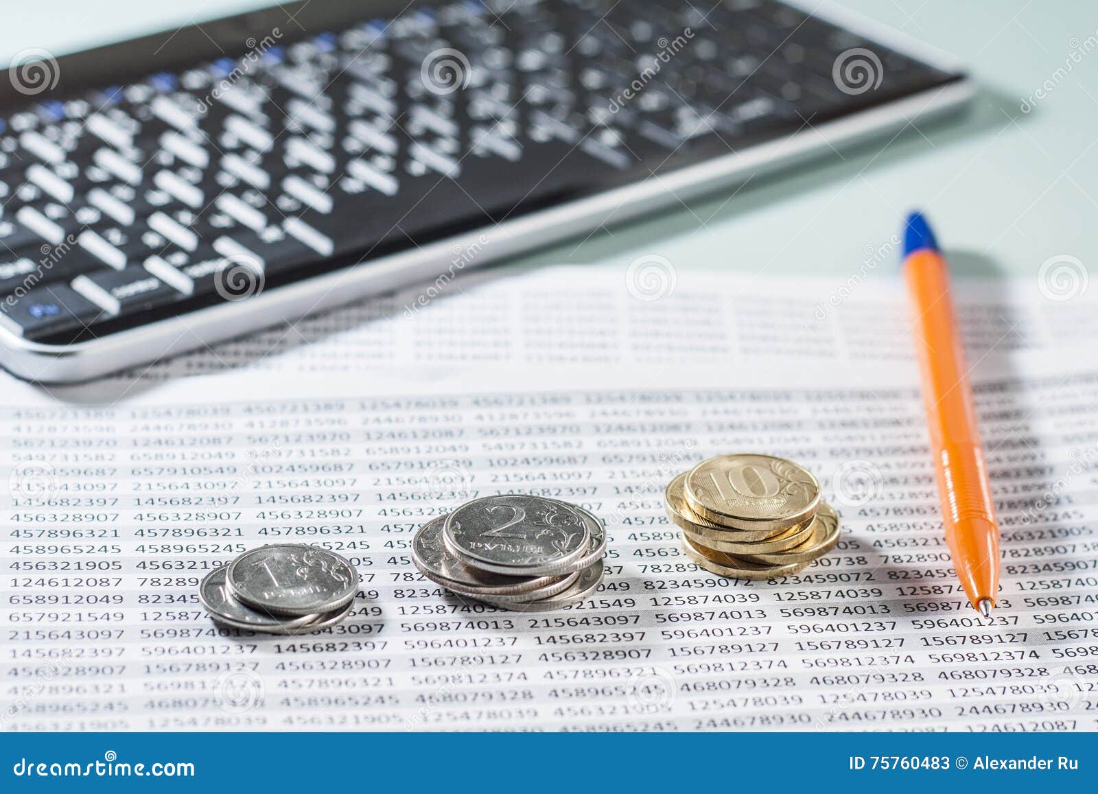Workplace with Coins, Documents, Keyboard and Pen. Stock Image - Image ...