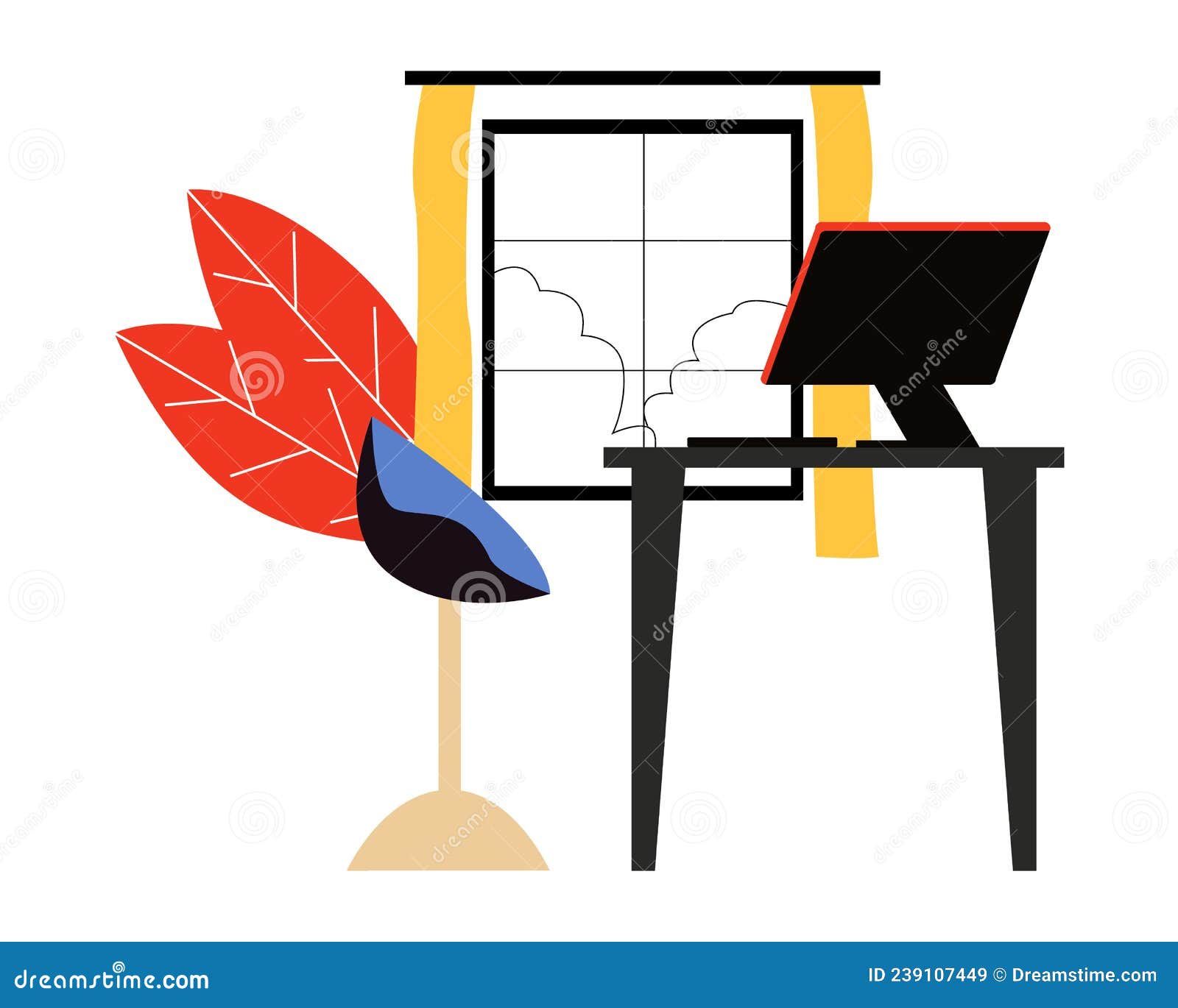 A Workplace with a Computer, an Armchair, a Table and a Window. Empty ...