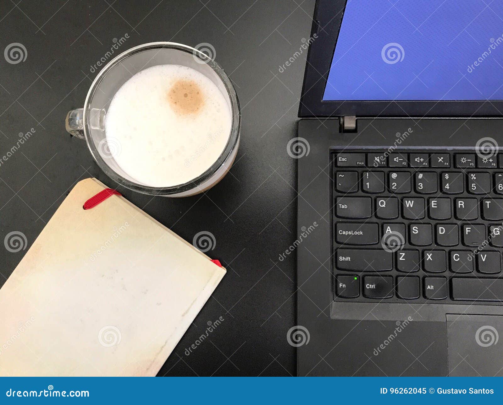 Workplace with a Computer, a Cappuccino Cup and a Notebook Stock Image ...