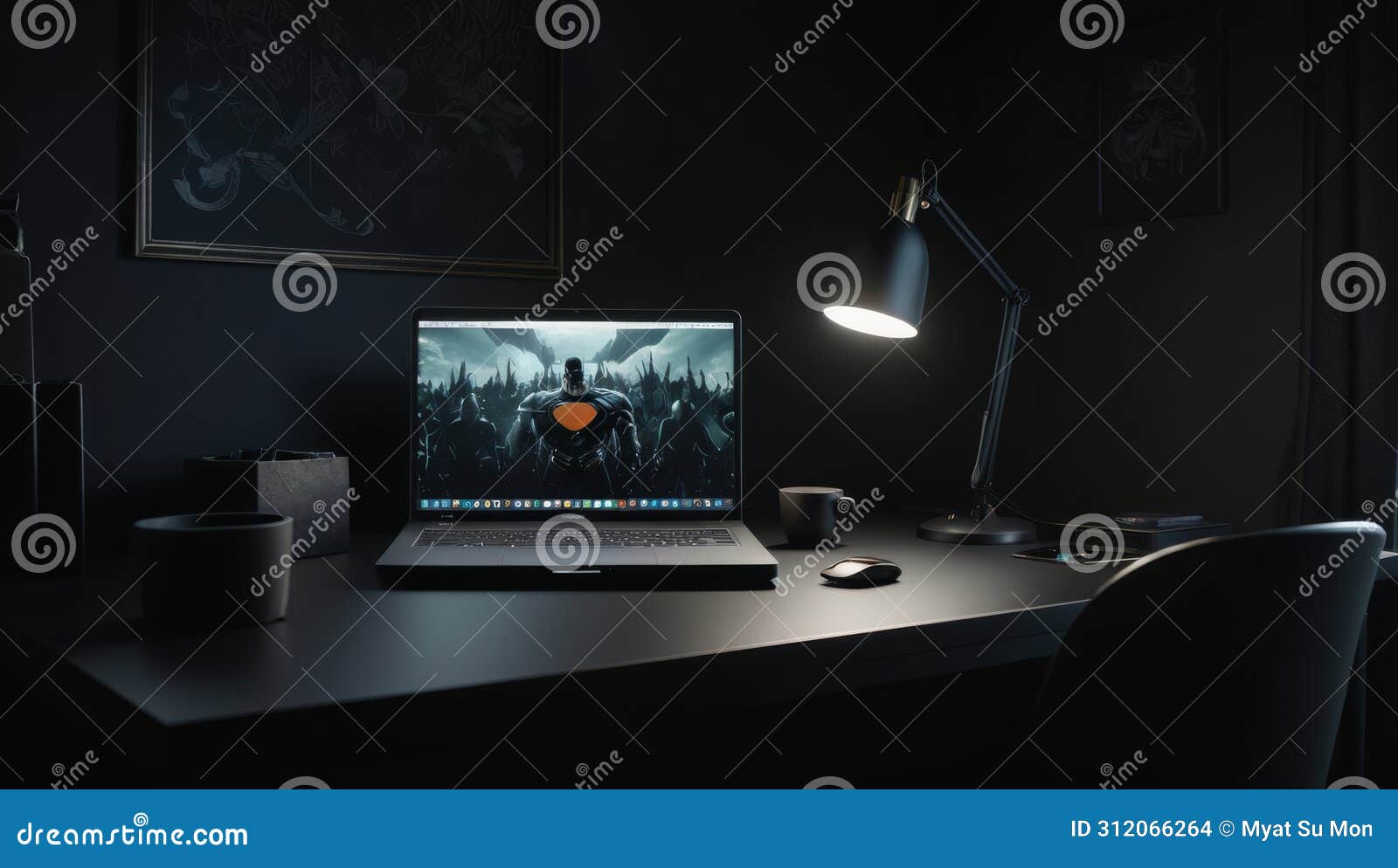 Workplace in Dark Room with Computer and Coffee Cup. 3d Rendering Stock ...