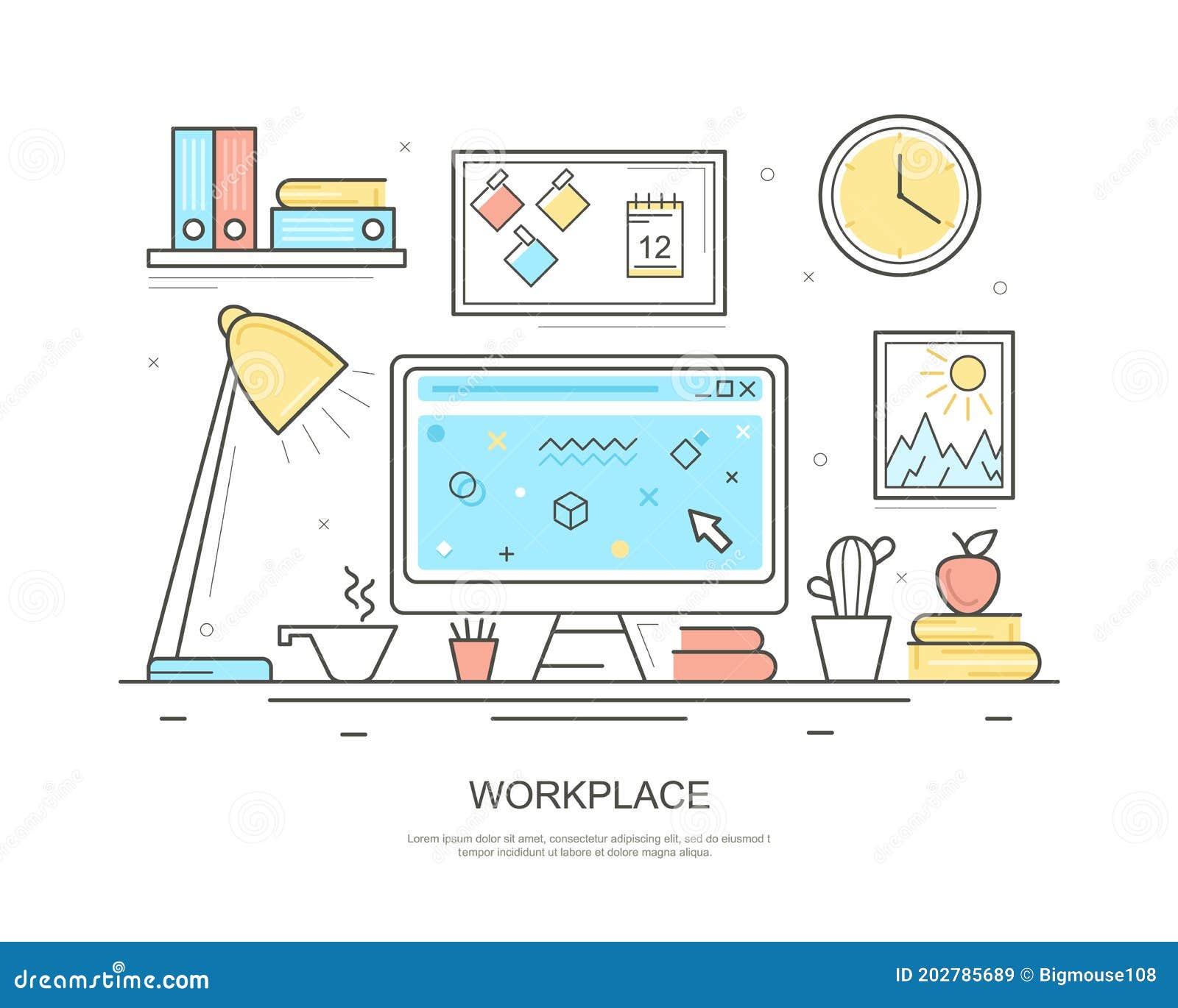 Workplace Computer Concept Contour Linear Style. Vector Stock Vector ...