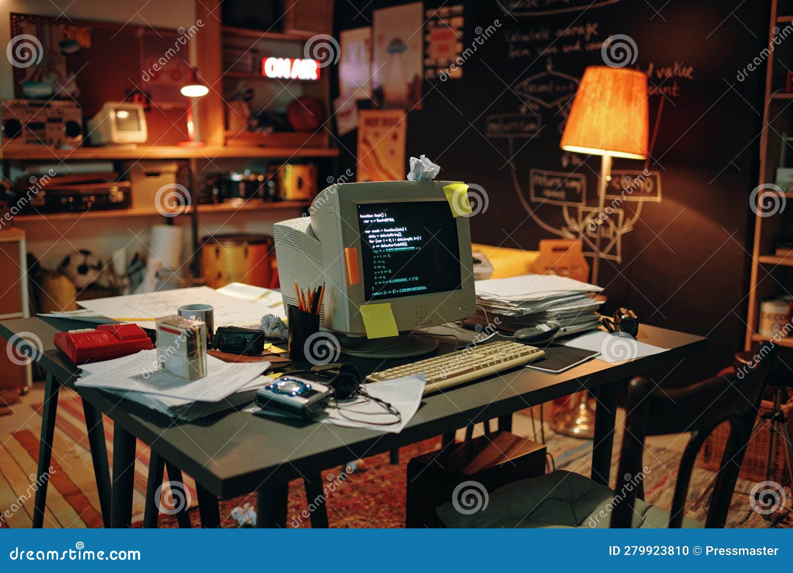 Workplace with Computer in Garage Stock Photo - Image of note, computer ...