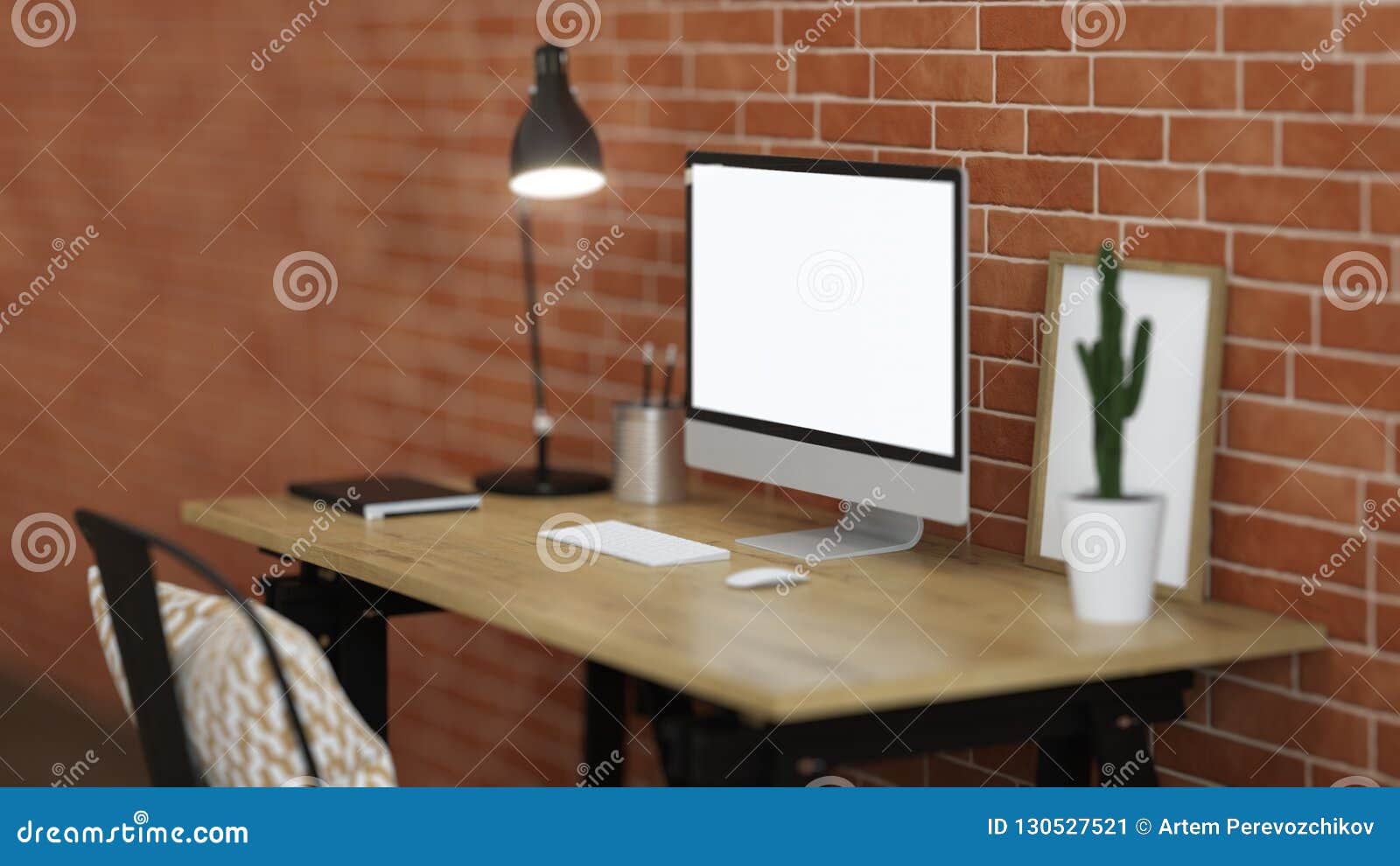Workplace Workplace with a Computer. Interior with Brick Wall.with a ...