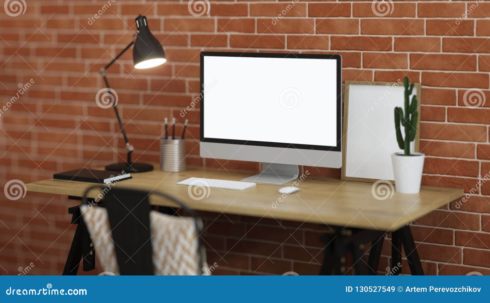 Workplace with a Computer. Interior with Brick Wall Stock Image - Image ...