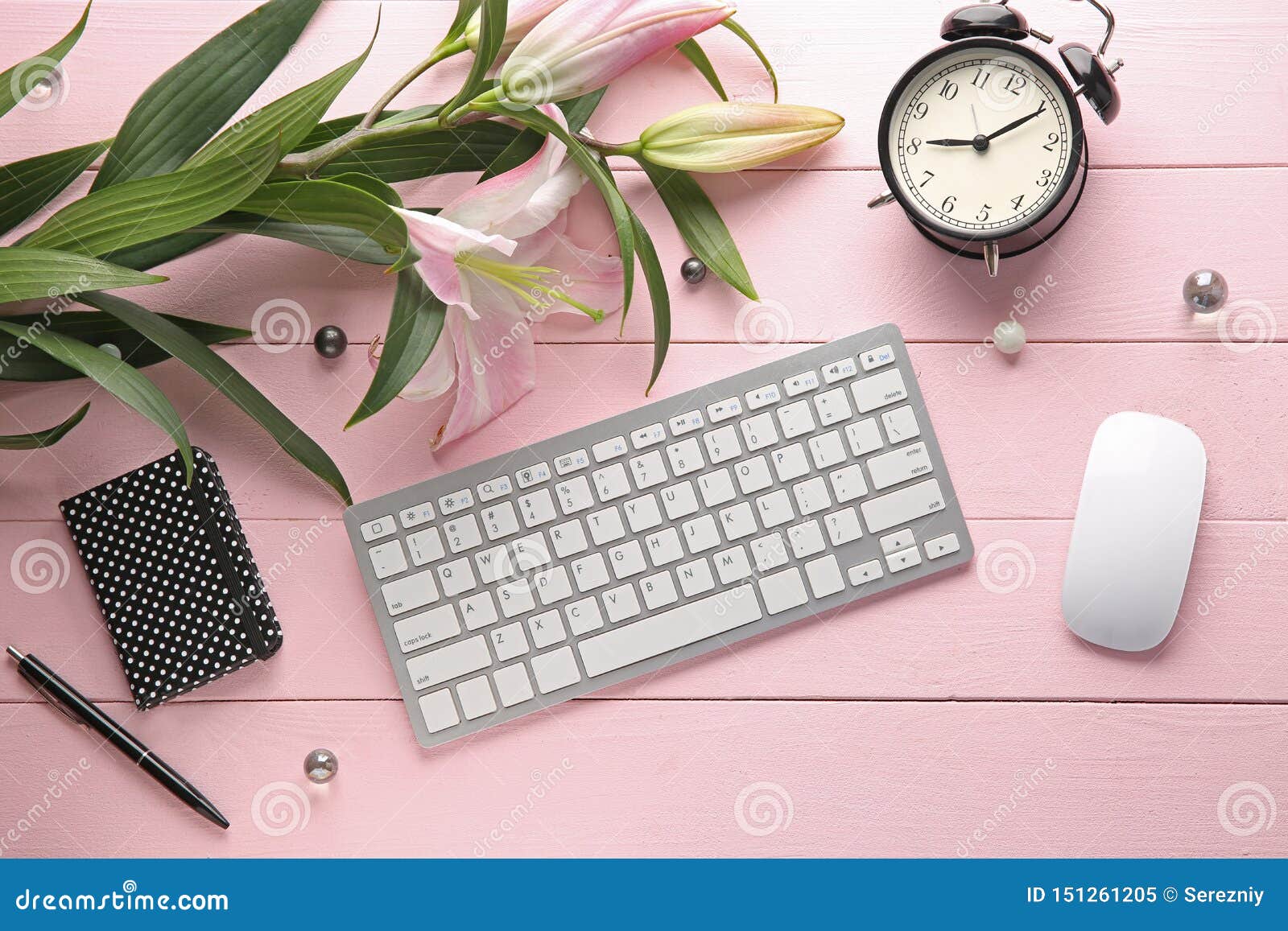 Workplace with Computer Keyboard and Beautiful Flowers on Color Wooden ...
