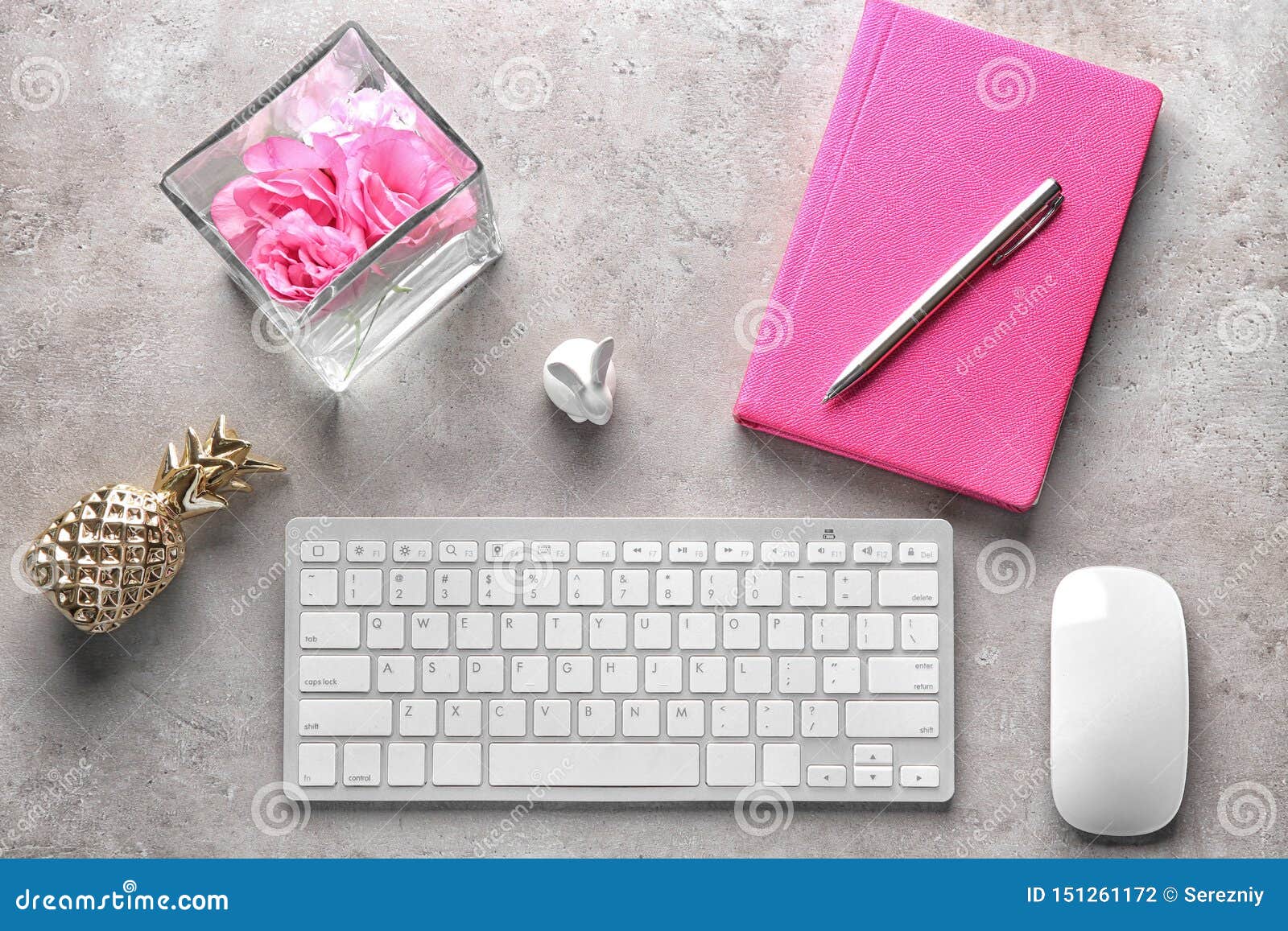 Workplace with Computer Keyboard and Beautiful Flowers in Vase on Grey ...