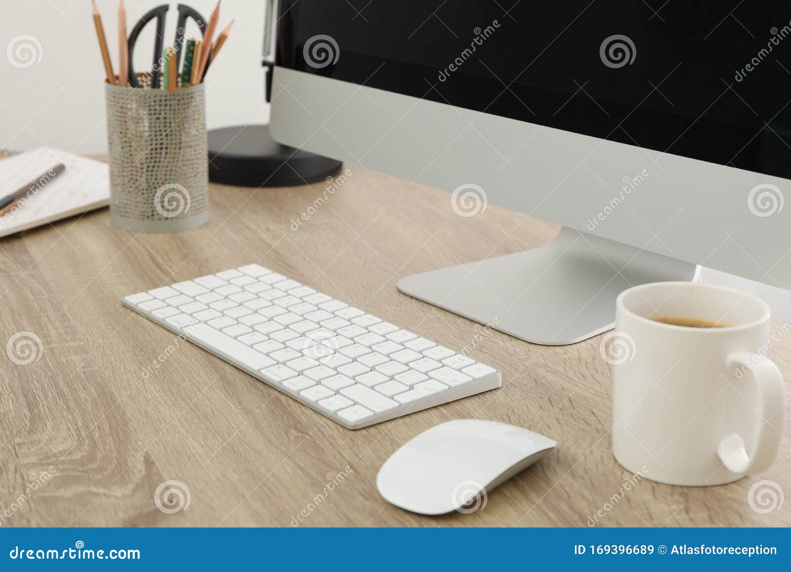 Workplace with Computer, Keyboard and Cup of Coffee on Wood Table ...