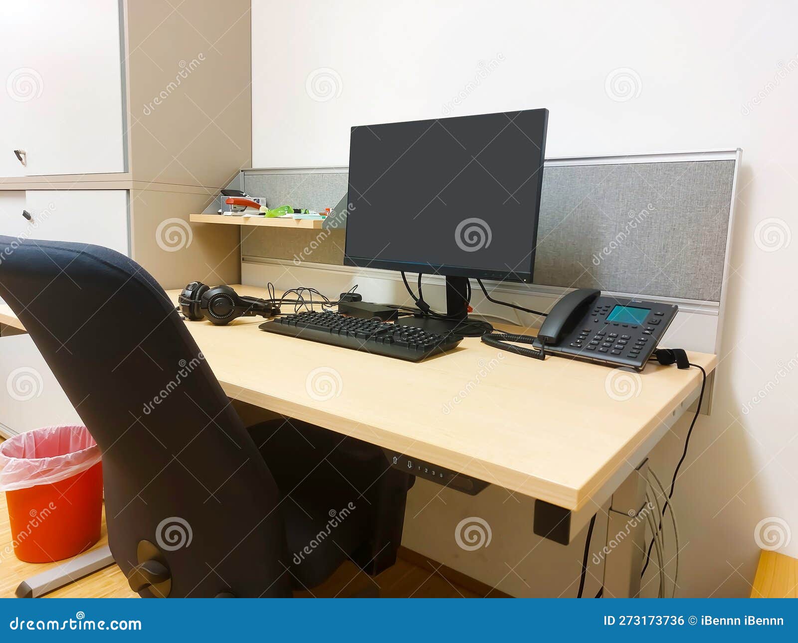 Workplace with Computer Monitor on Table in Office Stock Photo - Image ...