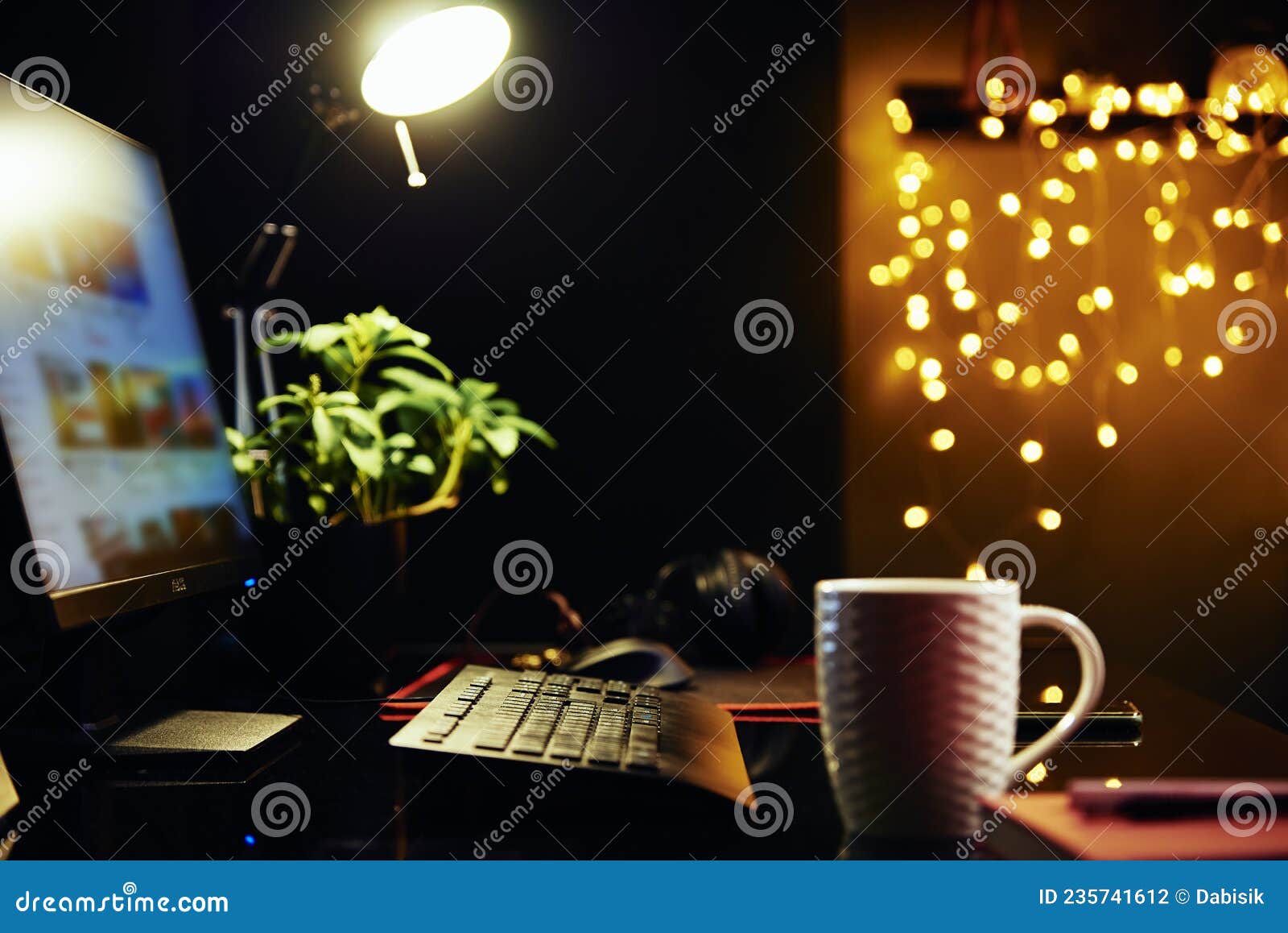 Workplace with Computer at Night Stock Photo - Image of desk, internet ...