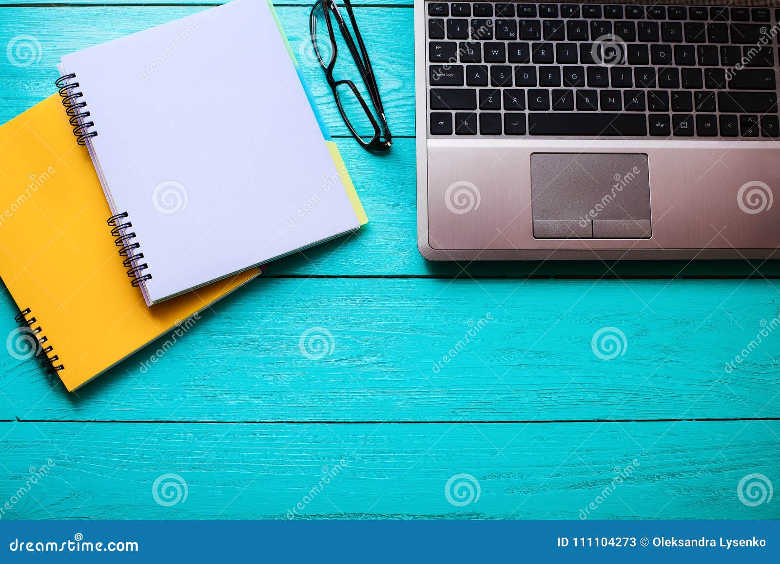 Workplace with Computer and Notebooks with Copy Space. Top View Stock ...