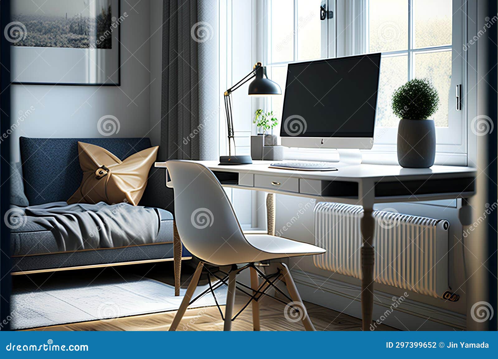 Workplace with Computer on Table in Modern Living Room. 3d Rendering ...