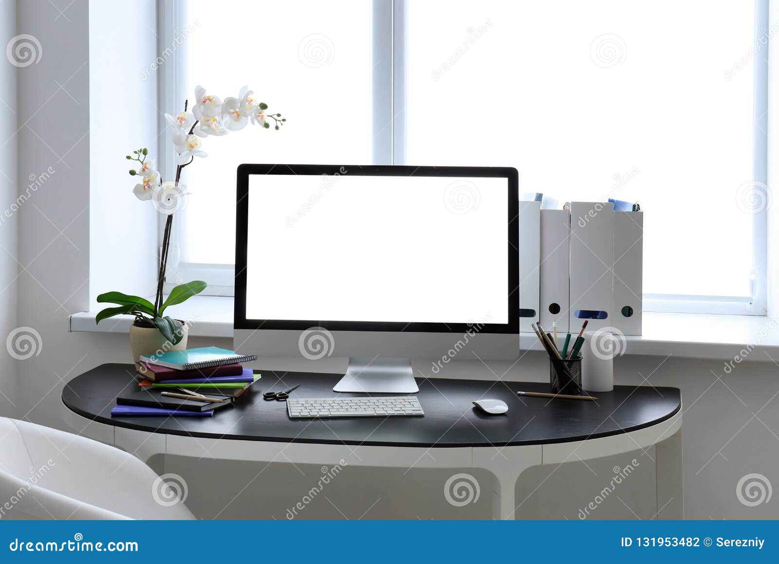 Workplace with Computer on Table Near Window Stock Photo - Image of ...