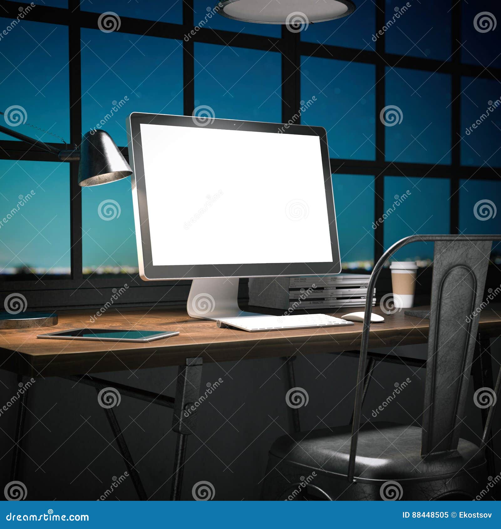 Workplace with Computer on a Wooden Table. 3d Rendering Stock Image ...