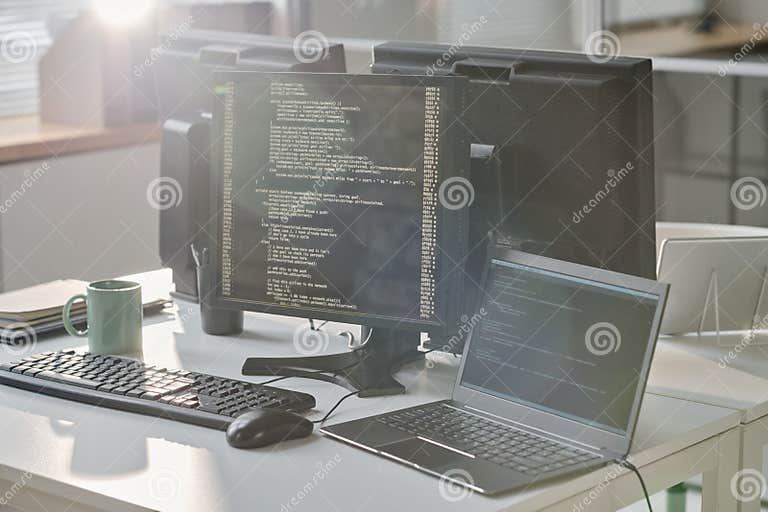 Workplace of Computers with Codes on Screen Stock Image - Image of html ...