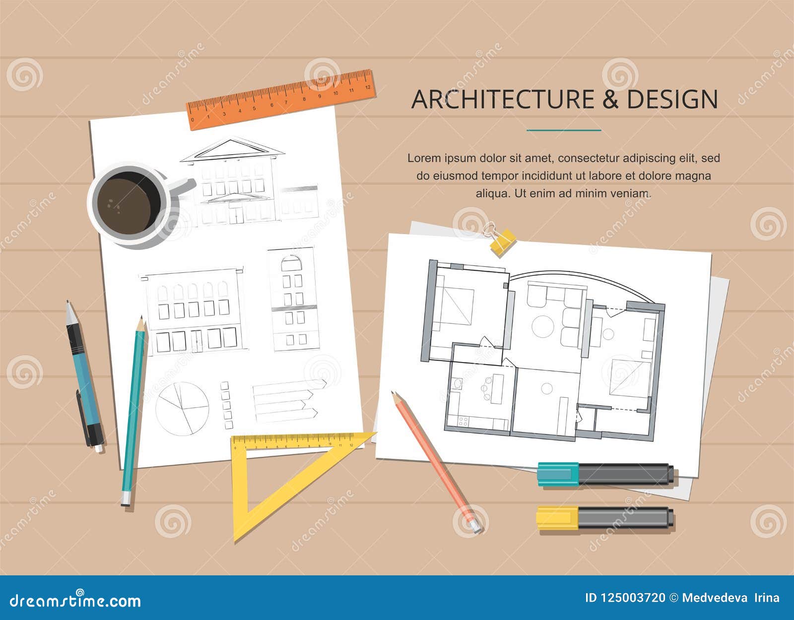 Workplace - Construction Project Architect House Plan With Tools, And ...