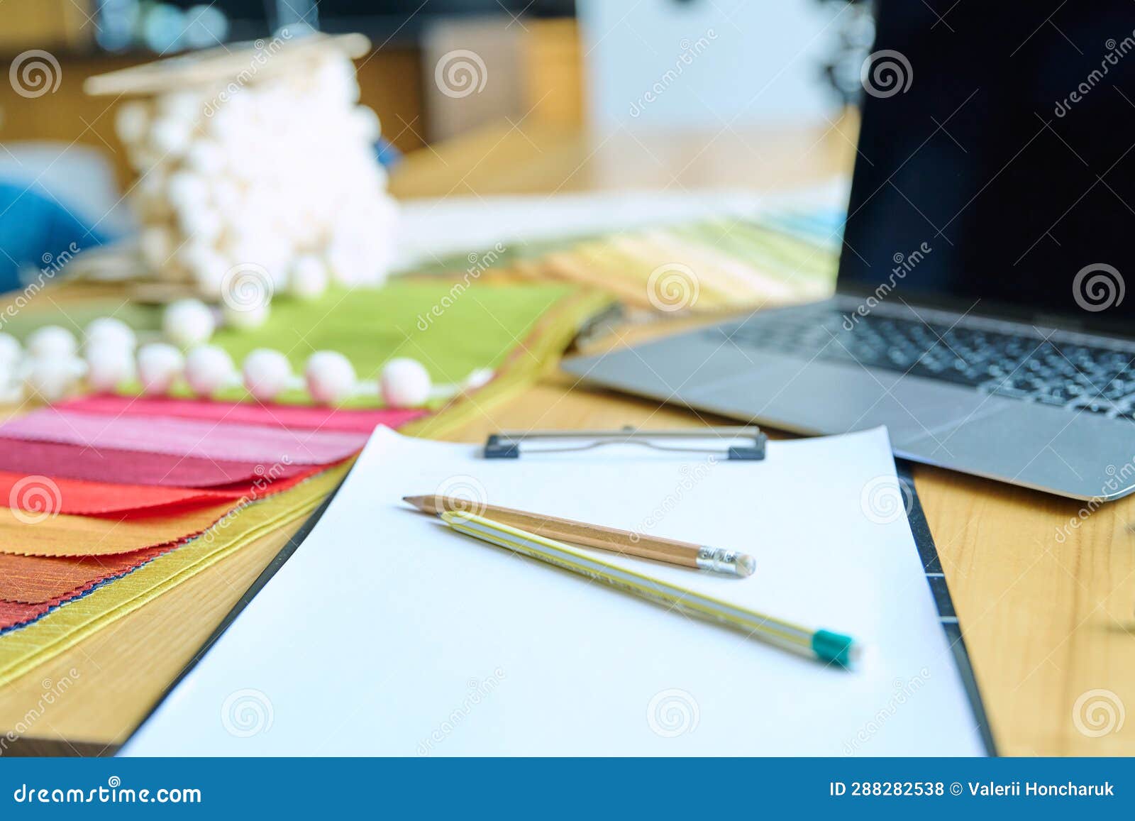 Workplace of Designer, Decorator, Samples of Fabrics and Accessories ...