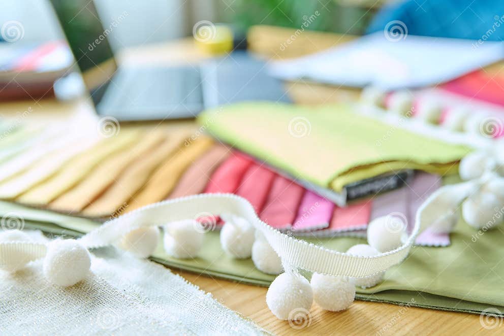 Workplace of Designer, Decorator, Samples of Fabrics and Accessories ...