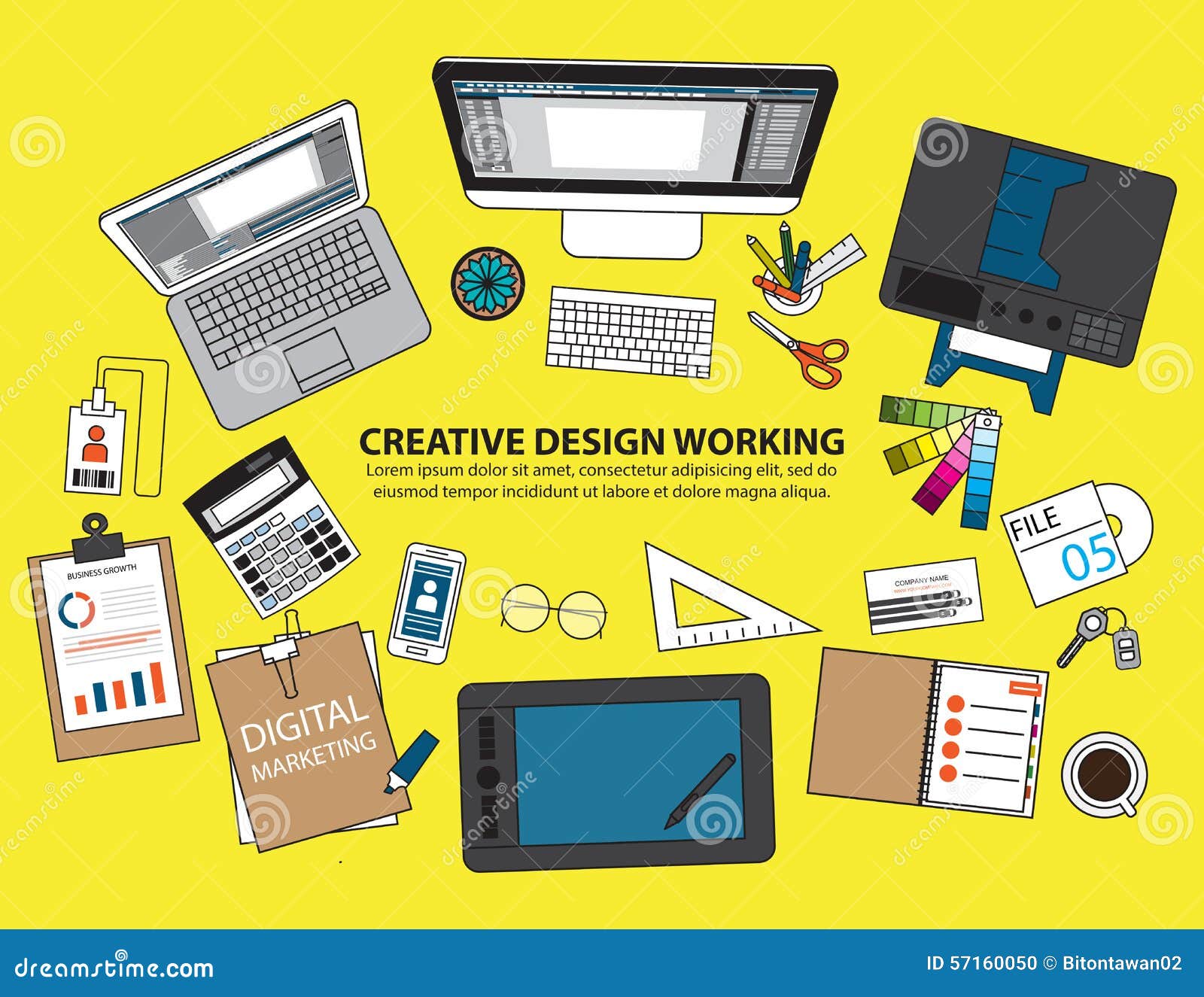 Workplace of Designer with Devices for Work,Flat Designed Banner Stock ...