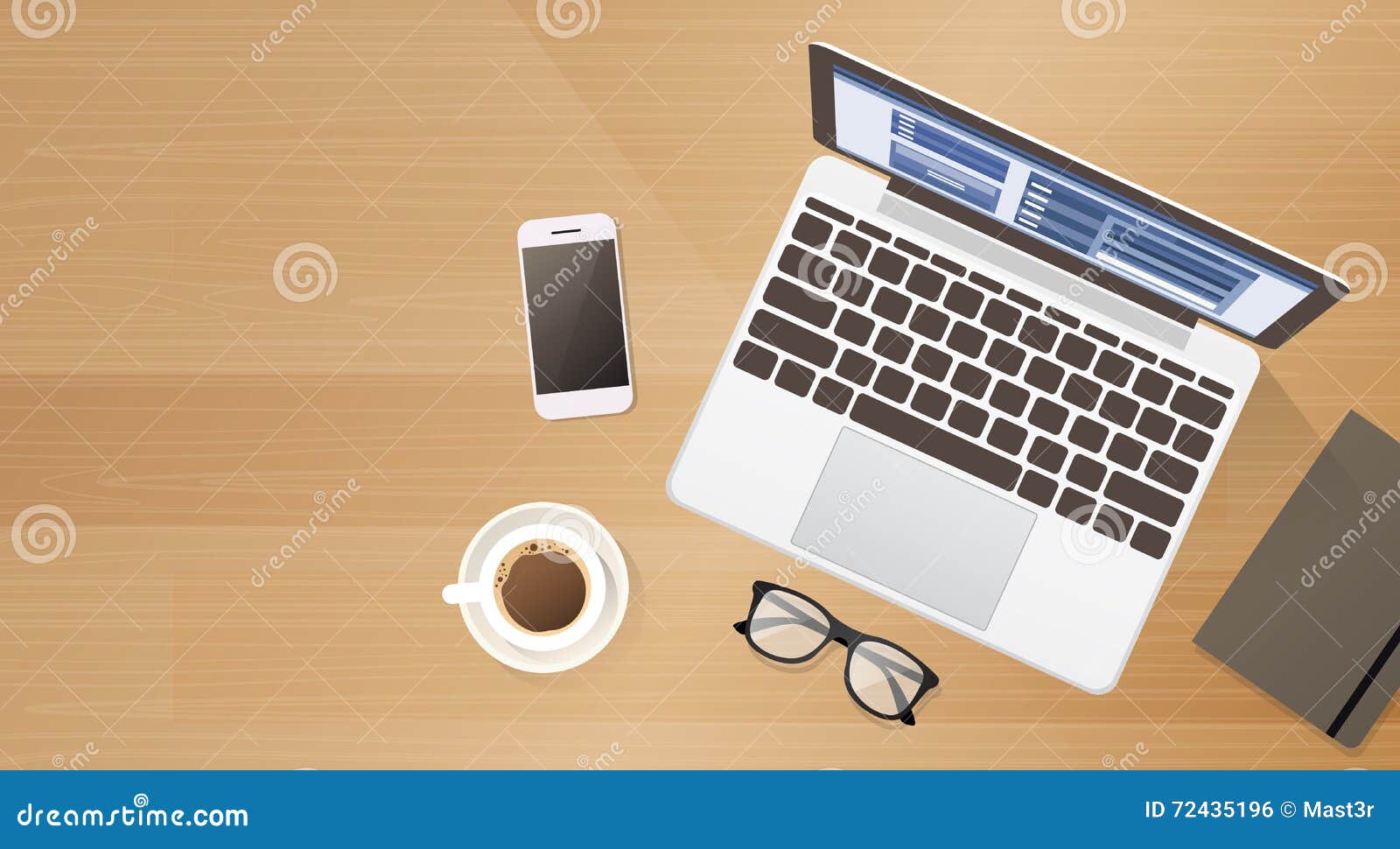 Workplace Desk Laptop Computer Cell Smart Phone Coffee Top Angle View ...