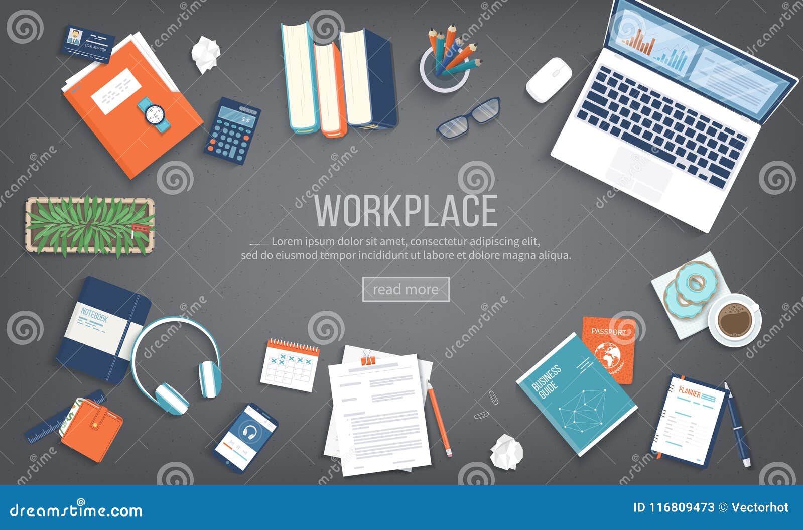 Workplace Desktop Background. Top View of Black Table, Laptop, Folder ...