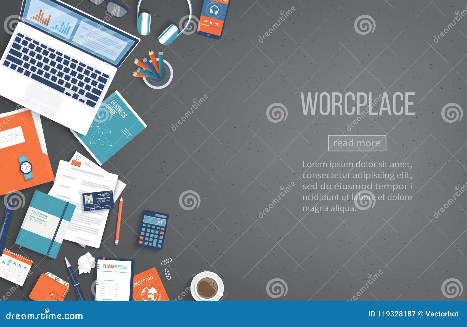 Workplace Desktop Background. Top View of Black Table, Laptop, Folder ...