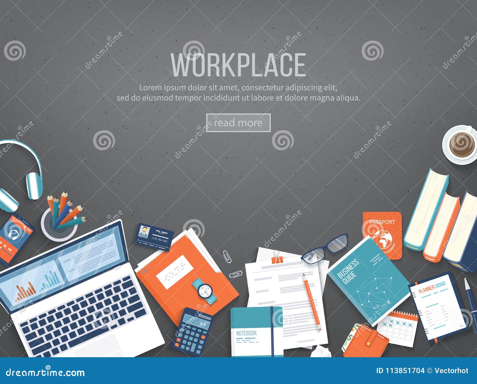 Workplace Desktop Background. Top View of Black Table, Laptop, Folder ...