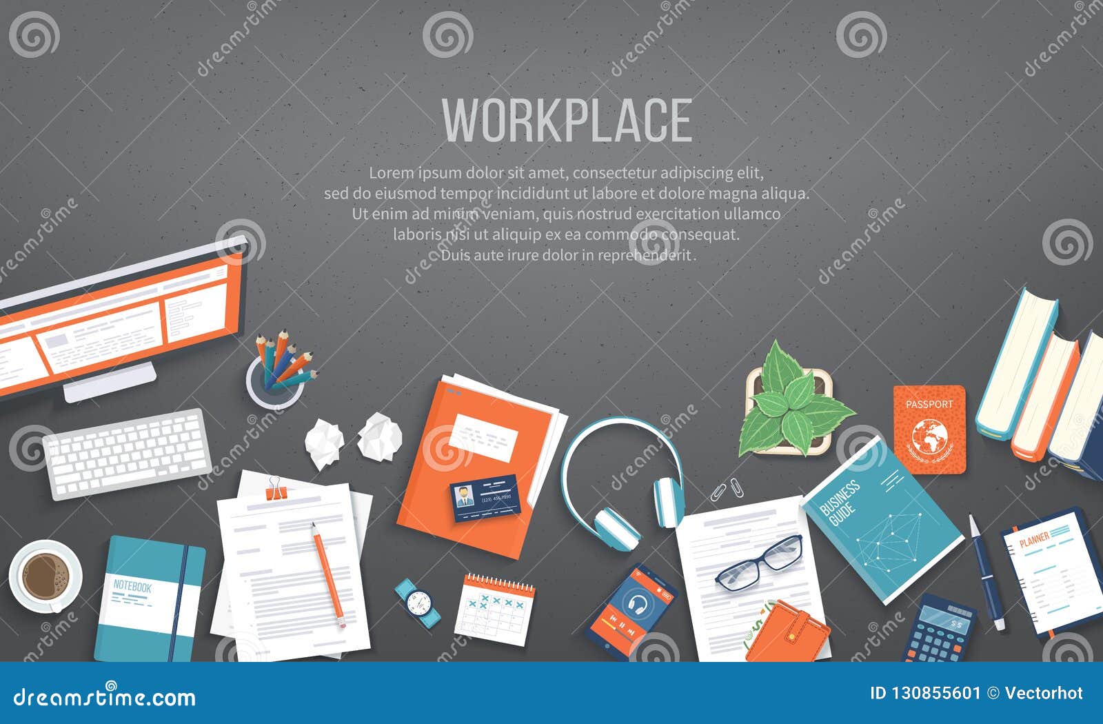 Workplace Desktop Background. Top View Of Table, Laptop, Books, Folder ...