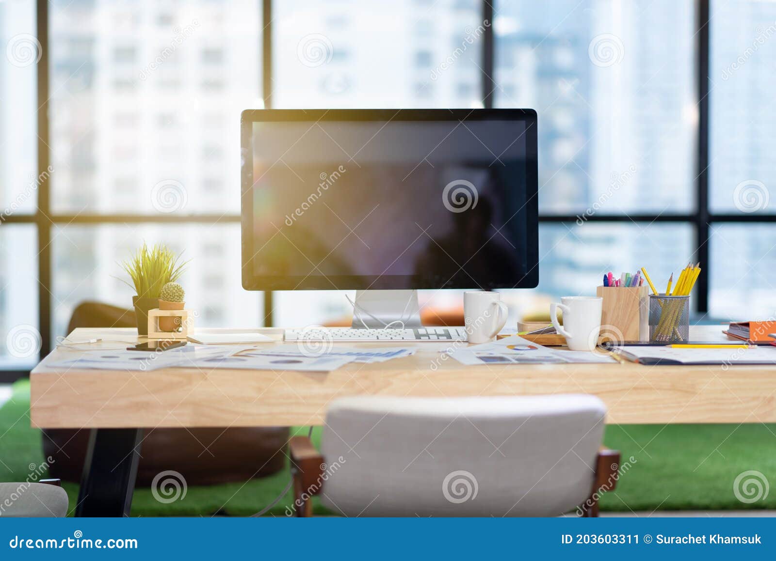 Workplace with Desktop Computer on Table in the Office Stock Image ...