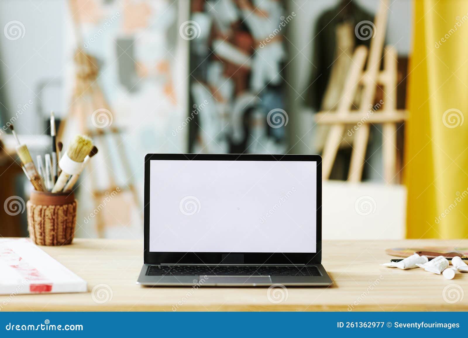 Workplace of Digital Artist with Laptop and Bunch of Paintbrushes Stock ...