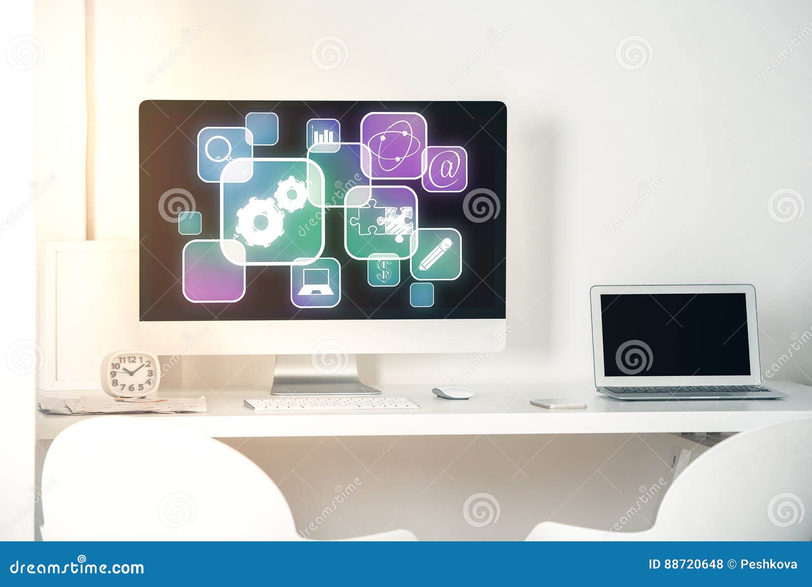 Workplace with Digital Icons Stock Photo - Image of mockup, financial ...