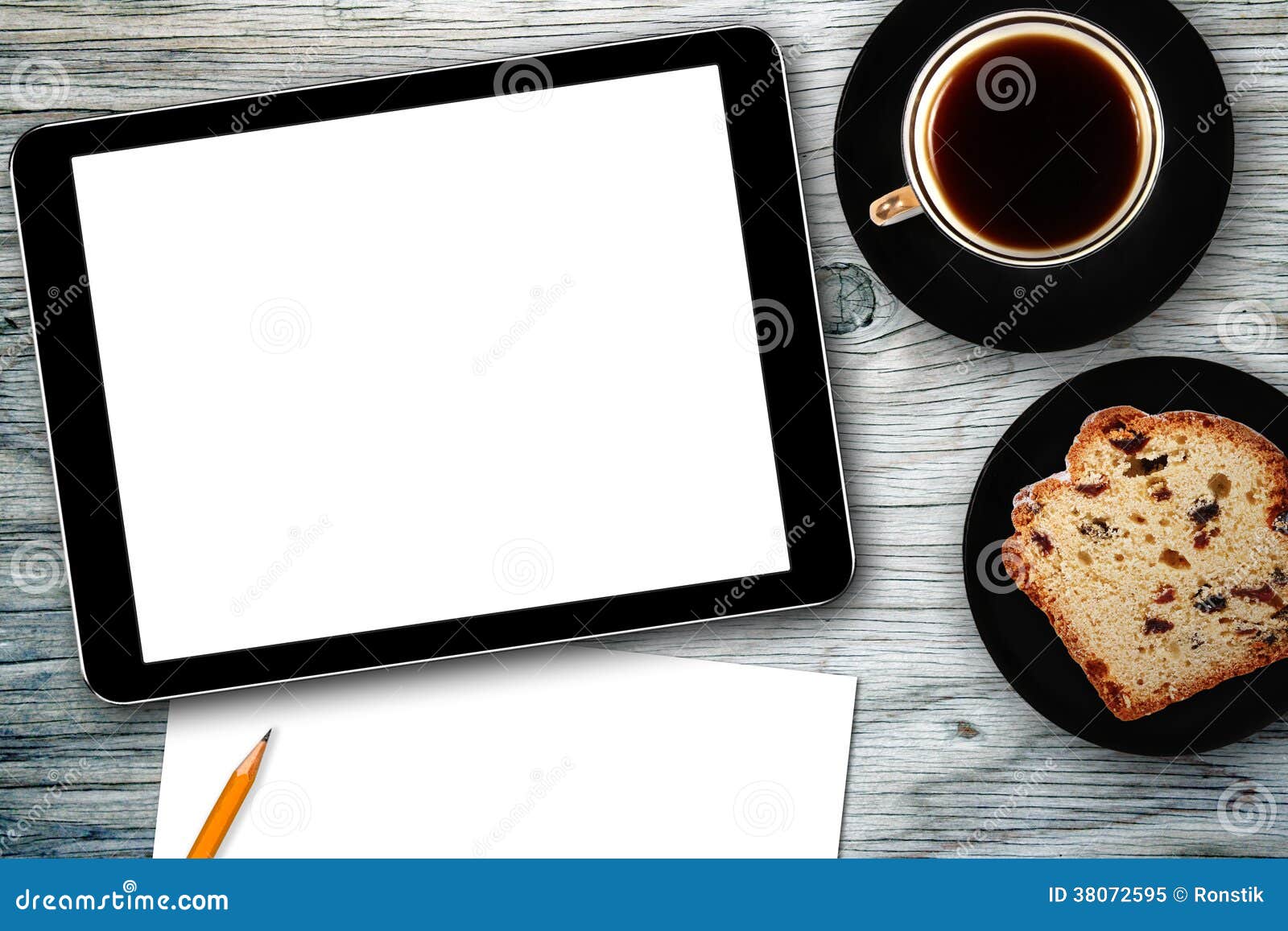 Workplace with Digital Tablet, Notebook, Cake and Coffee Cup Stock ...